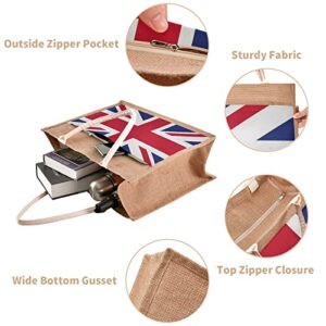 ALAZA Union Jack British Flag Fashion Jute Tote Bags Women Grocery Shopping Bags with Handles for Outdoor Travel 14.2 x 12.6 x 7.1 inches