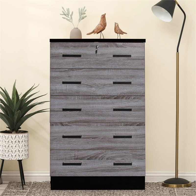 Pemberly Row Modern 5 Drawer Wooden Bedroom Dresser with Lock in Ebony