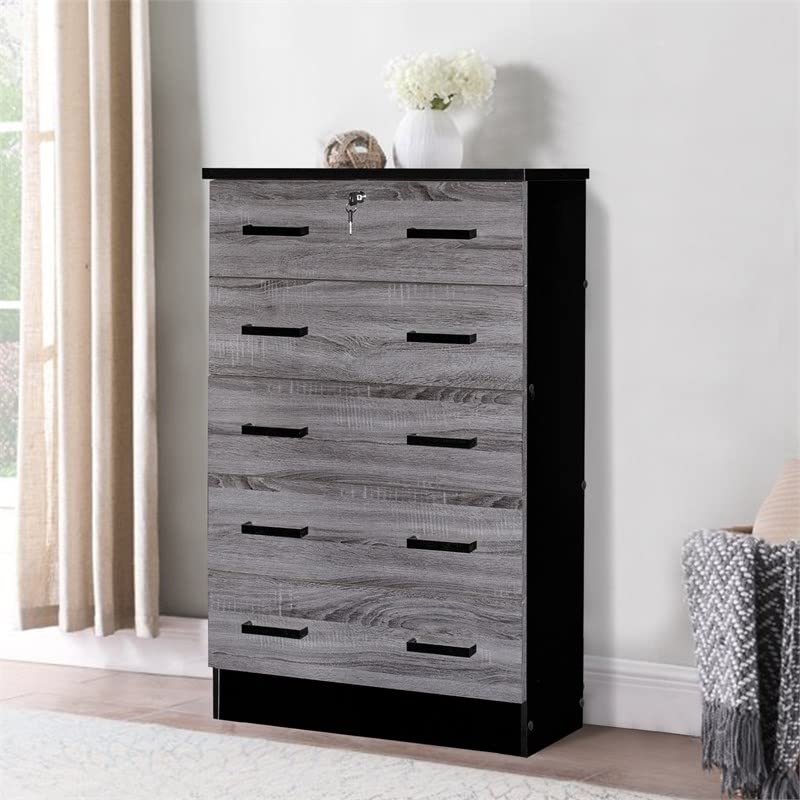 Pemberly Row Modern 5 Drawer Wooden Bedroom Dresser with Lock in Ebony