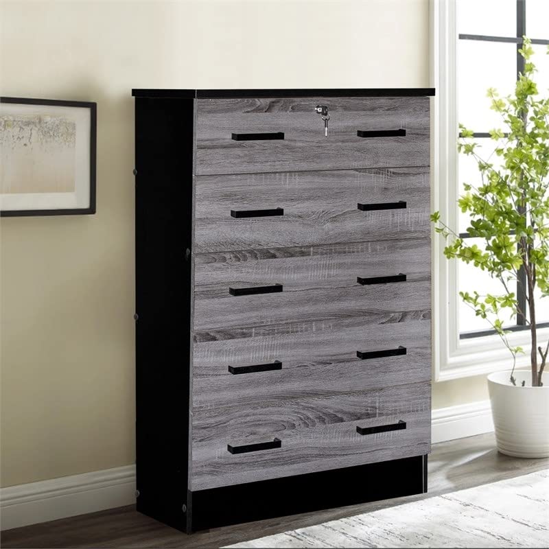 Pemberly Row Modern 5 Drawer Wooden Bedroom Dresser with Lock in Ebony