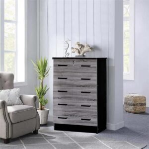 Pemberly Row Modern 5 Drawer Wooden Bedroom Dresser with Lock in Ebony