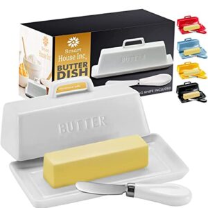 Ceramic Butter Dish Set with Lid and Knife - [White]- Decorative Butter Stick Holder with Handle for 1 Stick of Butter - Microwave Safe, Dishwasher Safe - Anti-Scratch Stickers Included