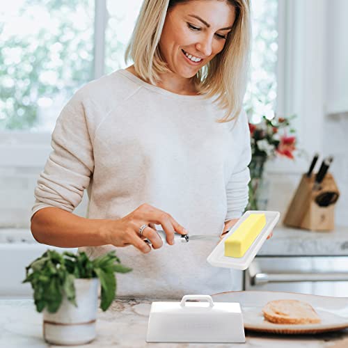 Ceramic Butter Dish Set with Lid and Knife - [White]- Decorative Butter Stick Holder with Handle for 1 Stick of Butter - Microwave Safe, Dishwasher Safe - Anti-Scratch Stickers Included