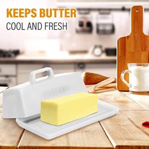 Ceramic Butter Dish Set with Lid and Knife - [White]- Decorative Butter Stick Holder with Handle for 1 Stick of Butter - Microwave Safe, Dishwasher Safe - Anti-Scratch Stickers Included