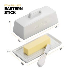 Ceramic Butter Dish Set with Lid and Knife - [White]- Decorative Butter Stick Holder with Handle for 1 Stick of Butter - Microwave Safe, Dishwasher Safe - Anti-Scratch Stickers Included