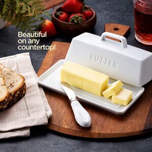 Ceramic Butter Dish Set with Lid and Knife - [White]- Decorative Butter Stick Holder with Handle for 1 Stick of Butter - Microwave Safe, Dishwasher Safe - Anti-Scratch Stickers Included