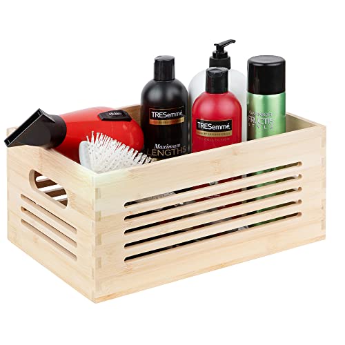 Natural Bamboo Wooden Storage Box – Rustic Farmhouse Look Wood Crate for Storage Decorative Closet, Cabinet and Shelf Basket Organizer with Built in Handles - Multi-Purpose Organizer (Medium)