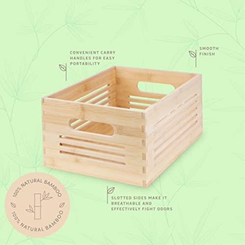 Natural Bamboo Wooden Storage Box – Rustic Farmhouse Look Wood Crate for Storage Decorative Closet, Cabinet and Shelf Basket Organizer with Built in Handles - Multi-Purpose Organizer (Medium)