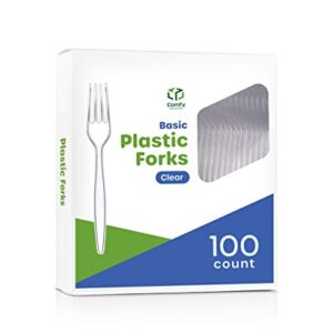 Comfy Package [100 Pack] Heavy Duty Disposable Basic Plastic Forks - Clear