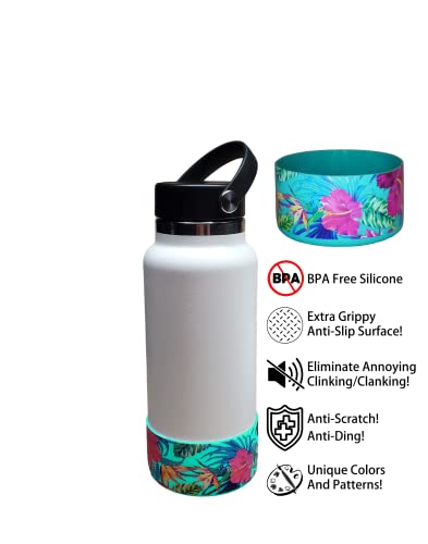 Protective Silicone Bottom Sleeve, 12oz-40oz. Fits All Vacuum Insulated Stainless Steel Water Bottles, Anti-Slip, Anti-Scratch, Rubber Flex Skin Cover (12-24oz, Light Blue Hawaiian Floral)