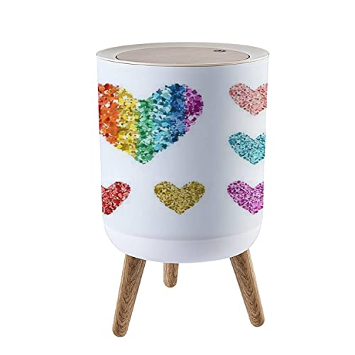 IBPNKFAZ89 Small Trash Can with Lid Set of Glitter Color Hearts Gold Blue red Pink Sequins Icons on White Garbage Bin Wood Waste Bin Press Cover Round Wastebasket for Bathroom Bedroom Office Kitchen