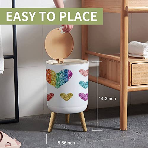 IBPNKFAZ89 Small Trash Can with Lid Set of Glitter Color Hearts Gold Blue red Pink Sequins Icons on White Garbage Bin Wood Waste Bin Press Cover Round Wastebasket for Bathroom Bedroom Office Kitchen