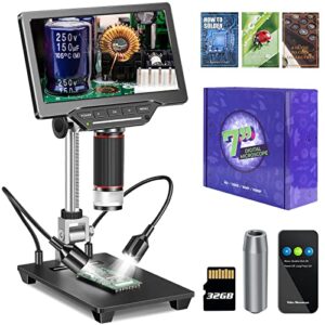 7-inch hdmi lcd digital microscope with extension tube and guidebooks, (1200x 16mp 1080p), microscope with screen for soldering & coin collection included 32gb card, compatible with tv/windows/mac