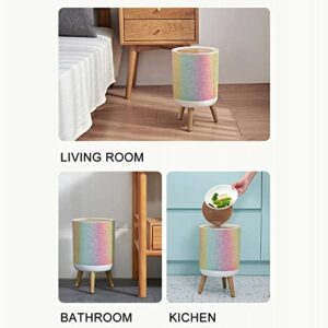 IBPNKFAZ89 Small Trash Can with Lid of Abstract Glitter Lights Multi Color Blue Pink Gold Purple and Mint Garbage Bin Wood Waste Bin Press Cover Round Wastebasket for Bathroom Bedroom Office Kitchen