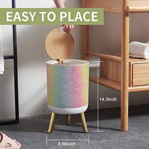 IBPNKFAZ89 Small Trash Can with Lid of Abstract Glitter Lights Multi Color Blue Pink Gold Purple and Mint Garbage Bin Wood Waste Bin Press Cover Round Wastebasket for Bathroom Bedroom Office Kitchen