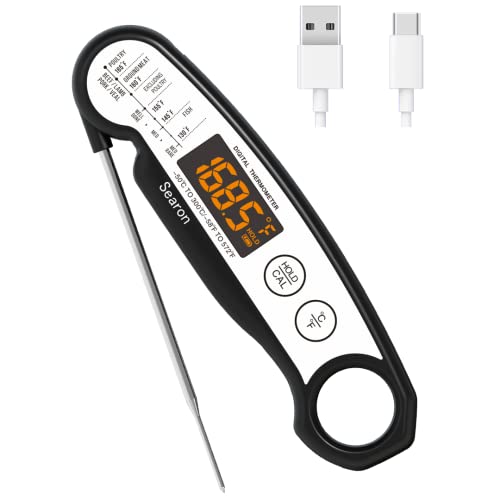 Searon Meat Thermometer Digital Rechargeable - FT003 LED Display Instant Read Thermometer Kitchen Cooking Food Thermometer for Milk Candy Water Oil BBQ Grill Smoker Waterproof (Black)