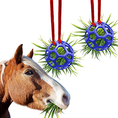 2 Pack Horse Treat Ball Hay Feeder Toy, Goat Feeder Ball Toy with 4 Ropes, Hanging Feeding Toy for Pony, Lamb, Calf, Donkey Relieve Stress, Goat Toys for Goats to Play with Hanging Hay Slow Feed Bag