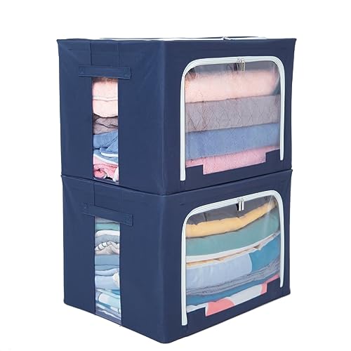 Tasmegol Clothes Storage Bins Box Foldable Stackable Steel Frame Closet Organizer Bags Oxford Cloth Clothing Containers Clear Window for Sweater Bedding