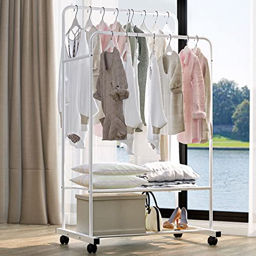 befacai Clothing Garment Rack with Shelves, Upgraded Length Cloth Hanger Rack Stand on Wheels, Clothes Drying Rack with Two Rod(31.5inch White)