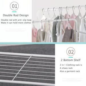 befacai Clothing Garment Rack with Shelves, Upgraded Length Cloth Hanger Rack Stand on Wheels, Clothes Drying Rack with Two Rod(31.5inch White)