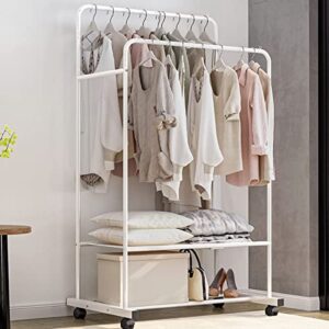 befacai Clothing Garment Rack with Shelves, Upgraded Length Cloth Hanger Rack Stand on Wheels, Clothes Drying Rack with Two Rod(31.5inch White)