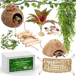 woiworco bearded dragon tank accessories, 22 packs reptile habitat accessories kit, lizard hammock climbing jungle vines, artificial leaves, coconut hut, and shells leopard gecko tank accessories