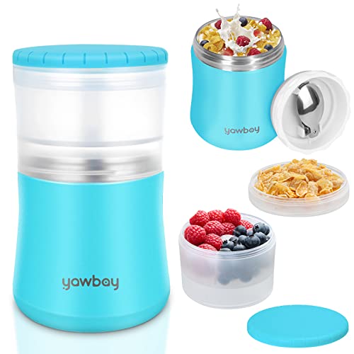 Thermos For Hot Food, Yogurt Container, 2 In 1 Insulated Food Jar To Separate Dry Wet Food, 28OZ Soup Thermos For Adults, Cereal To Go Container, Stainless Steel Vacuum Lunch Thermal With Spoon (Blue)