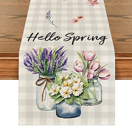 Artoid Mode Buffalo Plaid Lavender Vase Hello Spring Table Runner, Easter Summer Seasonal Anniversary Holiday Kitchen Dining Table Decoration for Indoor Outdoor Home Party Decor 13 x 72 Inch