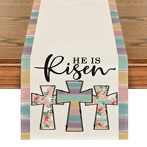 Artoid Mode Cross He is Risen Easter Table Runner, Spring Summer Seasonal Holiday Kitchen Dining Table Decoration for Indoor Outdoor Home Party Decor 13 x 72 Inch