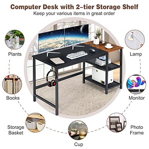 Tangkula 59 Inch Home Office Computer Desk with 2 Tier Storage Shelves, Industrial Study Writing Desk with Headphone Hook, Large Simple Laptop PC Desk with Splice Board & Steel Frame, Gaming Desk