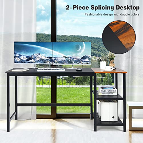 Tangkula 59 Inch Home Office Computer Desk with 2 Tier Storage Shelves, Industrial Study Writing Desk with Headphone Hook, Large Simple Laptop PC Desk with Splice Board & Steel Frame, Gaming Desk