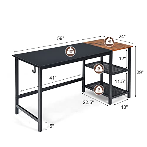 Tangkula 59 Inch Home Office Computer Desk with 2 Tier Storage Shelves, Industrial Study Writing Desk with Headphone Hook, Large Simple Laptop PC Desk with Splice Board & Steel Frame, Gaming Desk