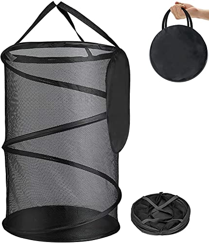 Collapsible Mesh Popup Laundry Hamper, Foldable Dirty Clothes Basket w/Strong Carry Handles/Solid Bottom/High Carbon Steel Frame/Storage Bag, Great for Kids Room/College Dorm/Travel, Round, Black