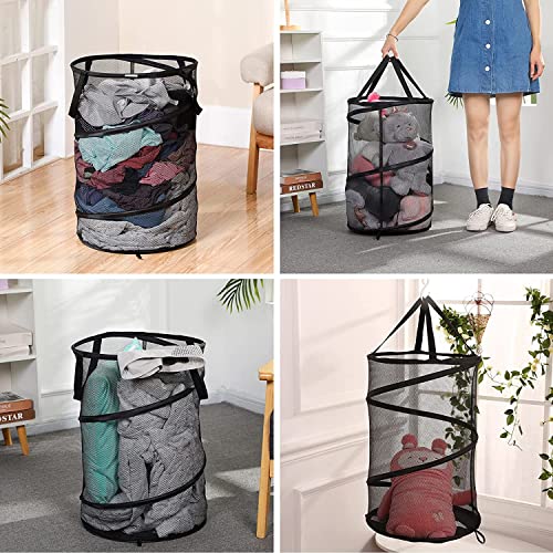 Collapsible Mesh Popup Laundry Hamper, Foldable Dirty Clothes Basket w/Strong Carry Handles/Solid Bottom/High Carbon Steel Frame/Storage Bag, Great for Kids Room/College Dorm/Travel, Round, Black