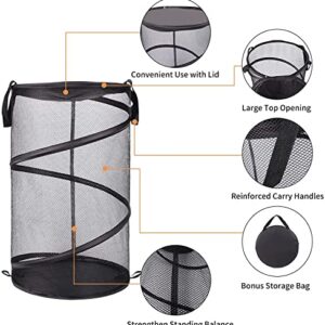 Collapsible Mesh Popup Laundry Hamper, Foldable Dirty Clothes Basket w/Strong Carry Handles/Solid Bottom/High Carbon Steel Frame/Storage Bag, Great for Kids Room/College Dorm/Travel, Round, Black