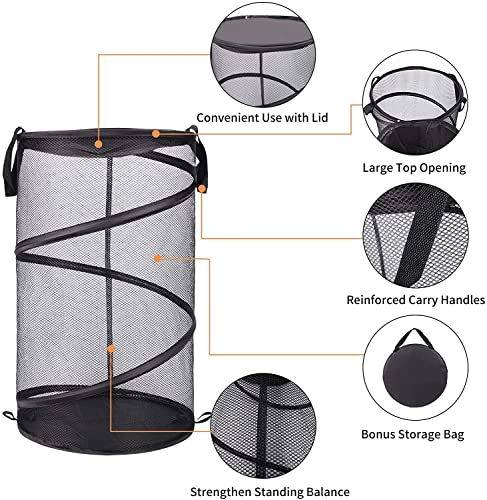 Collapsible Mesh Popup Laundry Hamper, Foldable Dirty Clothes Basket w/Strong Carry Handles/Solid Bottom/High Carbon Steel Frame/Storage Bag, Great for Kids Room/College Dorm/Travel, Round, Black