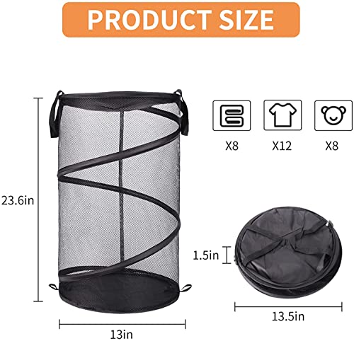 Collapsible Mesh Popup Laundry Hamper, Foldable Dirty Clothes Basket w/Strong Carry Handles/Solid Bottom/High Carbon Steel Frame/Storage Bag, Great for Kids Room/College Dorm/Travel, Round, Black