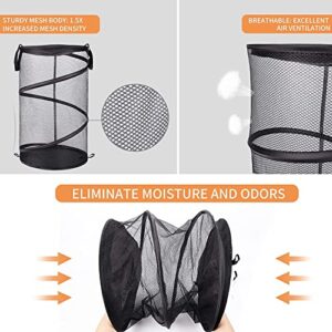 Collapsible Mesh Popup Laundry Hamper, Foldable Dirty Clothes Basket w/Strong Carry Handles/Solid Bottom/High Carbon Steel Frame/Storage Bag, Great for Kids Room/College Dorm/Travel, Round, Black