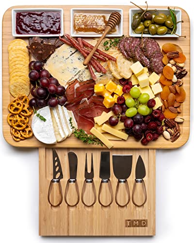 TMD Cheese Board and Knife Set – Cheese Board Set with 3 Ramekins – Beautiful Charcuterie Boards - Superb House Warming Gifts, New Home, Anniversary & Wedding Gifts for couples, Bridal Shower Gifts