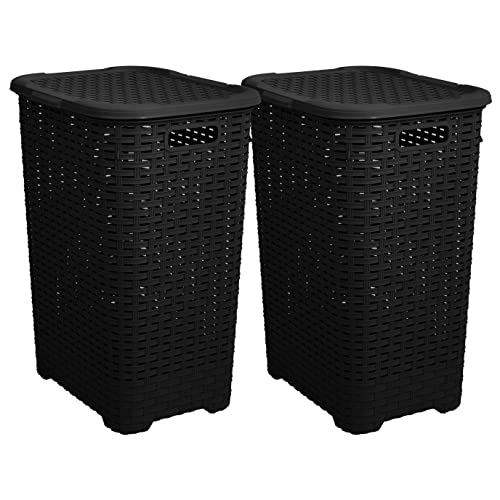 Laundry Hamper Basket With Lid 60 Liter -2 Pack Deluxe Wicker Style Black Color - 1.70 Bushel Bin With Cutout Handles To Storage Dirty Cloths in Washroom Bathroom, Or Bedroom. By Superio