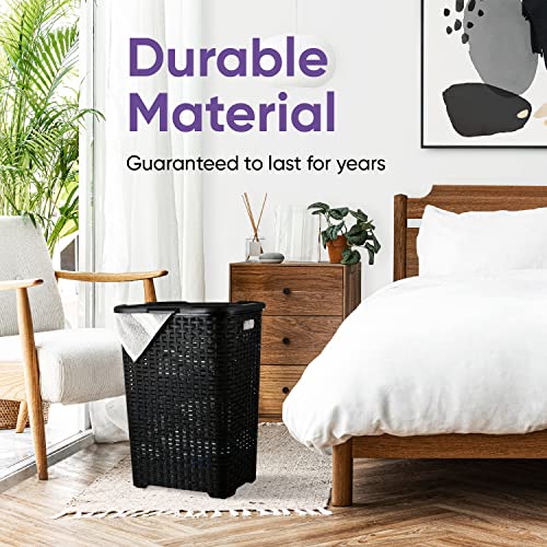 Laundry Hamper Basket With Lid 60 Liter -2 Pack Deluxe Wicker Style Black Color - 1.70 Bushel Bin With Cutout Handles To Storage Dirty Cloths in Washroom Bathroom, Or Bedroom. By Superio