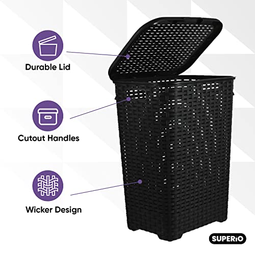 Laundry Hamper Basket With Lid 60 Liter -2 Pack Deluxe Wicker Style Black Color - 1.70 Bushel Bin With Cutout Handles To Storage Dirty Cloths in Washroom Bathroom, Or Bedroom. By Superio