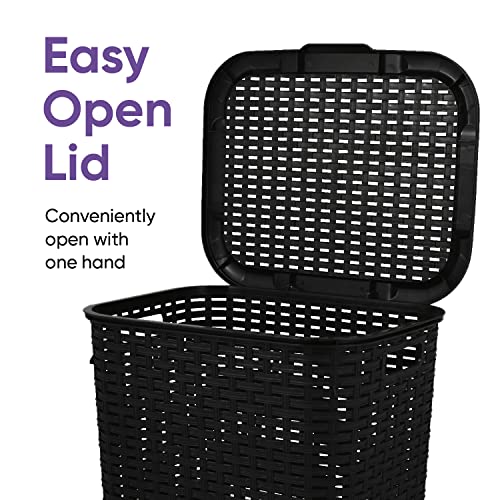 Laundry Hamper Basket With Lid 60 Liter -2 Pack Deluxe Wicker Style Black Color - 1.70 Bushel Bin With Cutout Handles To Storage Dirty Cloths in Washroom Bathroom, Or Bedroom. By Superio