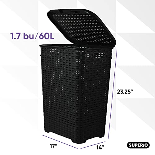 Laundry Hamper Basket With Lid 60 Liter -2 Pack Deluxe Wicker Style Black Color - 1.70 Bushel Bin With Cutout Handles To Storage Dirty Cloths in Washroom Bathroom, Or Bedroom. By Superio