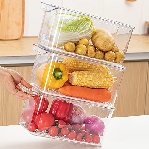 Kingrol 2 Pack Stackable Food Storage Containers, Kitchen Produce Saver Containers, Plastic Refrigerator Organizer Bins with Lid and Removable Drain Tray - Keep Produce, Fruits, Vegetables, Meat Fresh