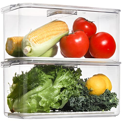 Kingrol 2 Pack Stackable Food Storage Containers, Kitchen Produce Saver Containers, Plastic Refrigerator Organizer Bins with Lid and Removable Drain Tray - Keep Produce, Fruits, Vegetables, Meat Fresh