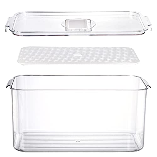 Kingrol 2 Pack Stackable Food Storage Containers, Kitchen Produce Saver Containers, Plastic Refrigerator Organizer Bins with Lid and Removable Drain Tray - Keep Produce, Fruits, Vegetables, Meat Fresh