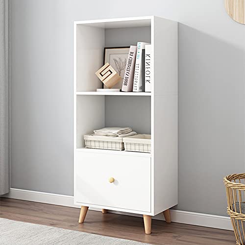 IOTXY 3-Tier Open Shelves Bookcase - 47 Inches Height Modern Floor Standing Cubes Wooden Low Bookshelf with Storage Drawer and Legs, White