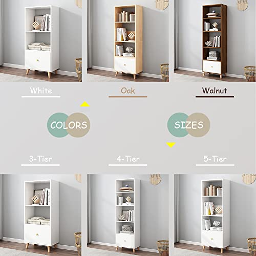 IOTXY 3-Tier Open Shelves Bookcase - 47 Inches Height Modern Floor Standing Cubes Wooden Low Bookshelf with Storage Drawer and Legs, White