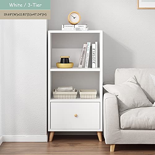 IOTXY 3-Tier Open Shelves Bookcase - 47 Inches Height Modern Floor Standing Cubes Wooden Low Bookshelf with Storage Drawer and Legs, White